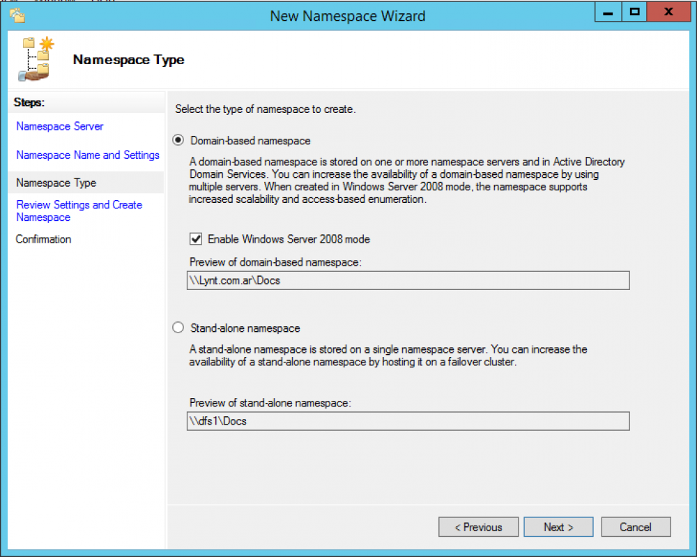 Como configurar espacio de nombres Distributed File System (DFS) Windows server 2012 R2.